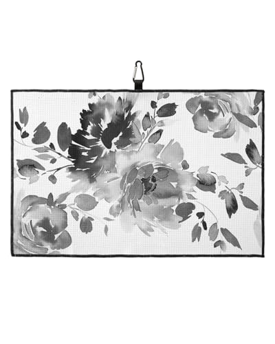 Golf Towel Black Grey Gradient Watercolor Floral White,Waffle Pattern Microfiber Club Cleaner Golf Towels with Carabiner Clip for Women Men Dad,Flower Ink and Wash Golf Towel for Golf Bags,24x16in