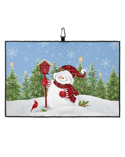 Golf Towel Christmas Snowman Xmas Tree Cardinal Blue,Waffle Pattern Microfiber Club Cleaner Golf Towels with Carabiner Clip for Women Men Dad,Winter Snowflake Golf Towel for Golf Bags,24x16in