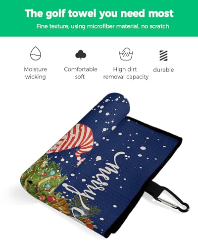 Golf Towel Christmas Tree Xmas Gnome Navy Blue,Waffle Pattern Microfiber Club Cleaner Golf Towels with Carabiner Clip for Women Men Dad,Dwarf Retro Linen Golf Towel for Golf Bags Accessories,24x16in