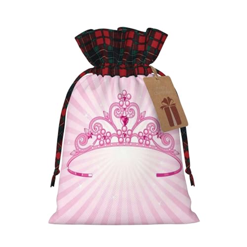 Fubido Pink, Christmas Burlap Bags,Shining Princess Crown,Xmas Linen Drawstring Gift Candy Pouch Snack Sack Craft Goodie Bags for kids Xmas Party Favors,Crown Pattern,M