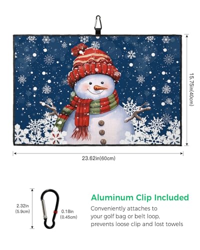 Yun Nist Golf Towel Christmas Snowman Snowflake Blue,Waffle Pattern Microfiber Club Cleaner Golf Towels with Carabiner Clip for Women Men Dad,Winter Snow Golf Towel for Golf Bags Accessories,24x16in