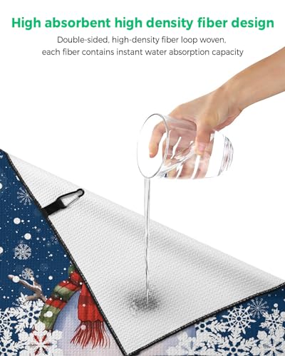 Yun Nist Golf Towel Christmas Snowman Snowflake Blue,Waffle Pattern Microfiber Club Cleaner Golf Towels with Carabiner Clip for Women Men Dad,Winter Snow Golf Towel for Golf Bags Accessories,24x16in
