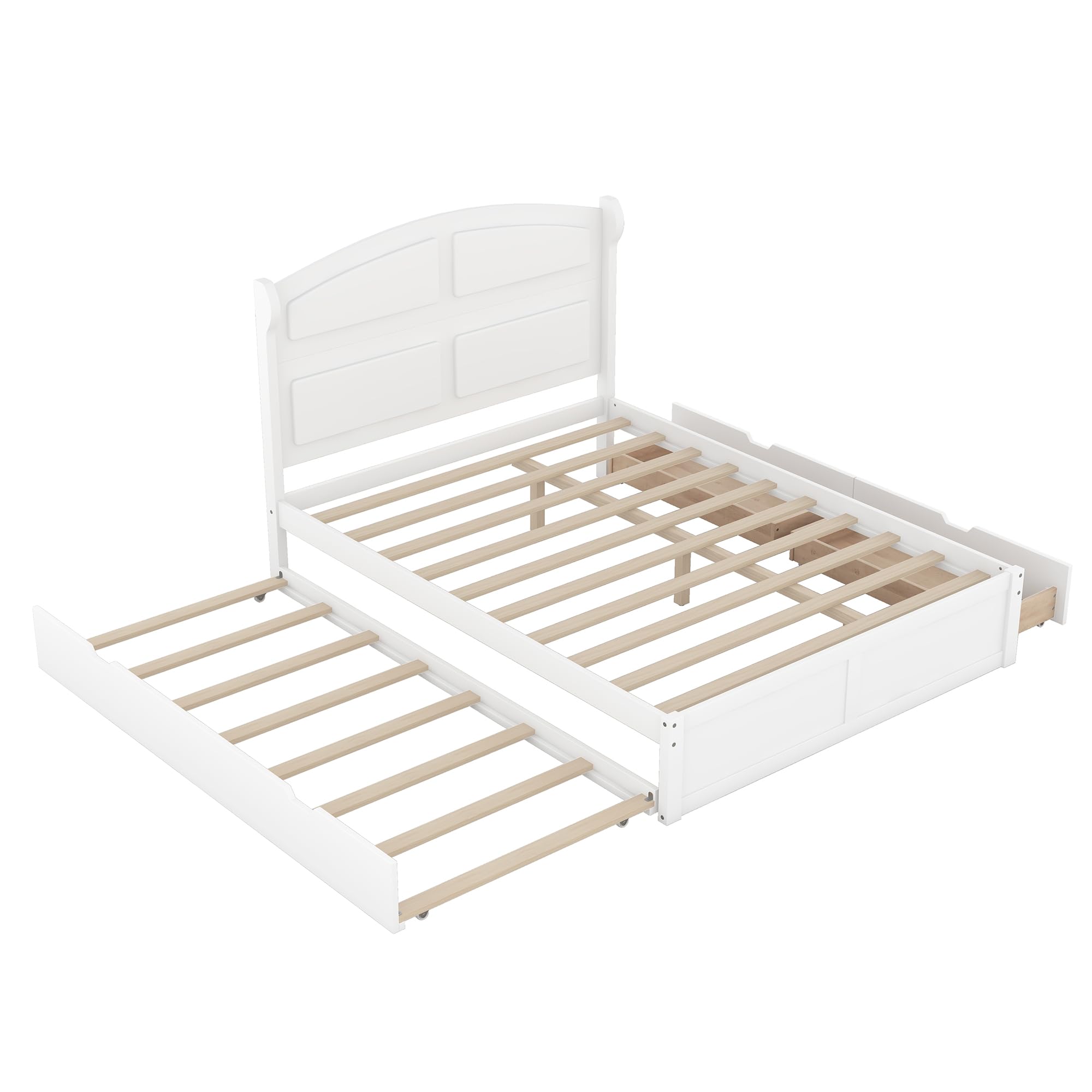 GJHOME Queen Bed with Twin Size Trundle and 2 Drawers, Wood Queen Size Platform Bed Frame with Headboard, Trundle Bed with Storage for Girls Boys Teens Adults, White