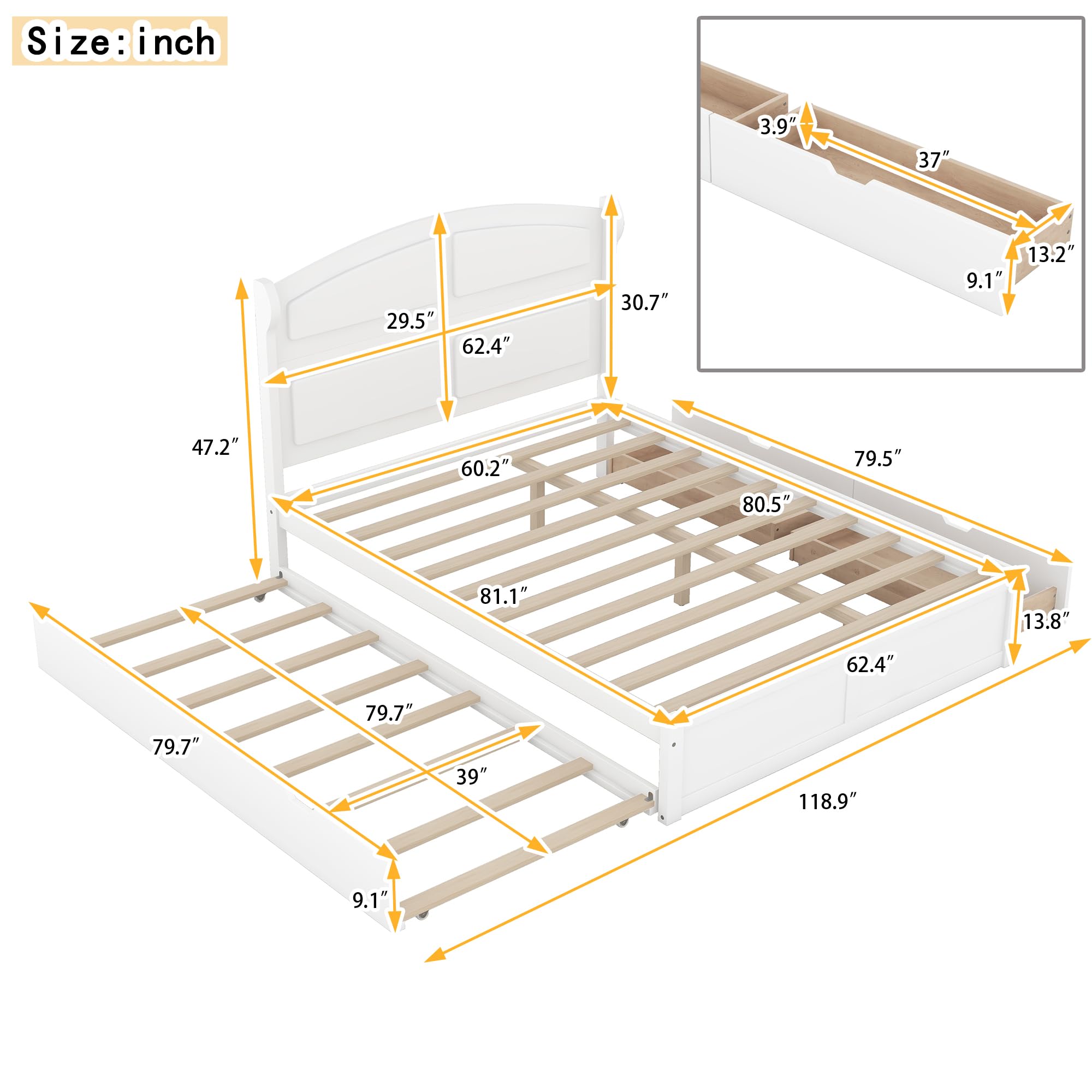 FANYHOME Queen Bed with Twin Size Trundle and 2 Drawers, Wood Queen Size Platform Bed Frame with Headboard, Trundle Bed with Storage for Girls Boys Teens Adults, White