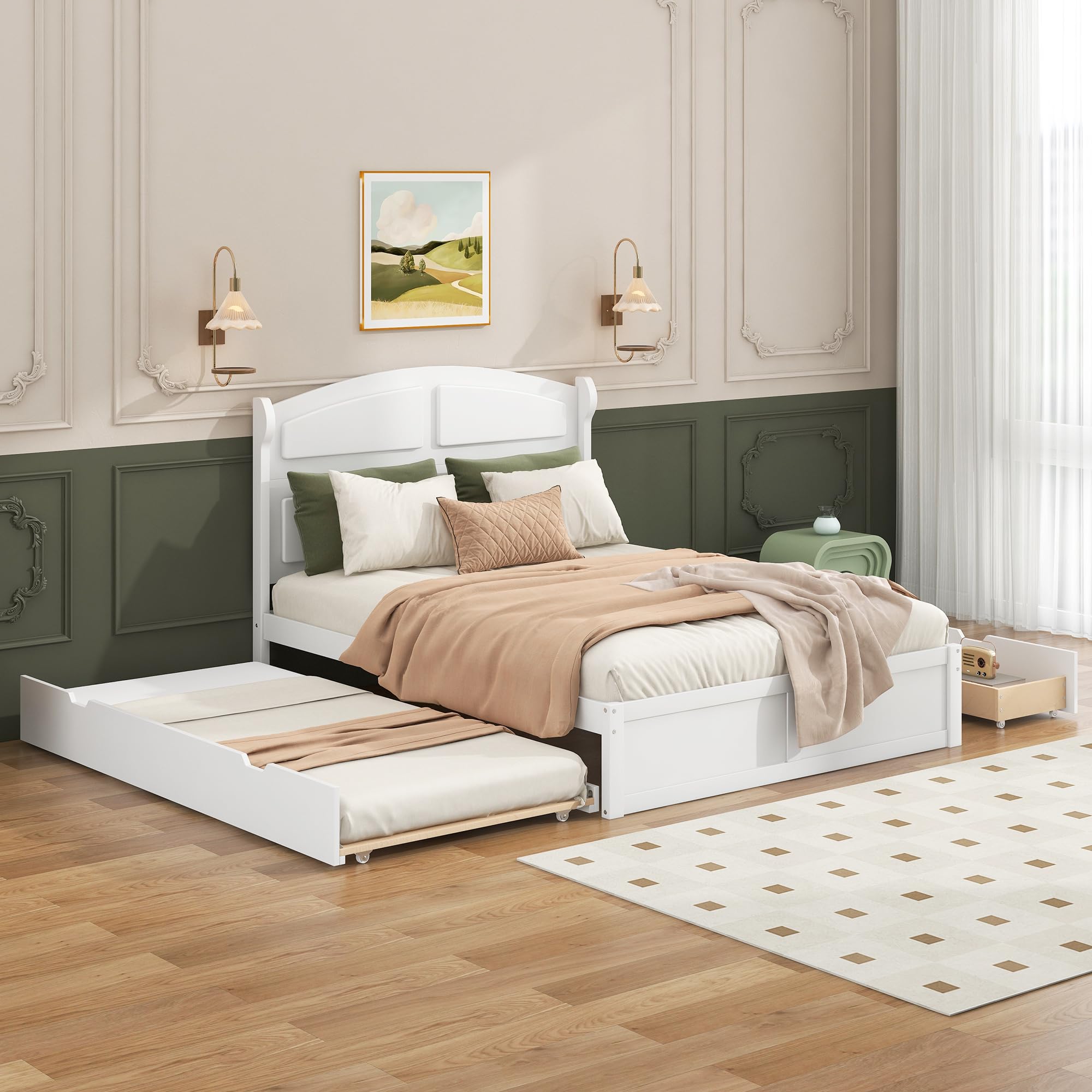 FANYHOME Queen Bed with Twin Size Trundle and 2 Drawers, Wood Queen Size Platform Bed Frame with Headboard, Trundle Bed with Storage for Girls Boys Teens Adults, White