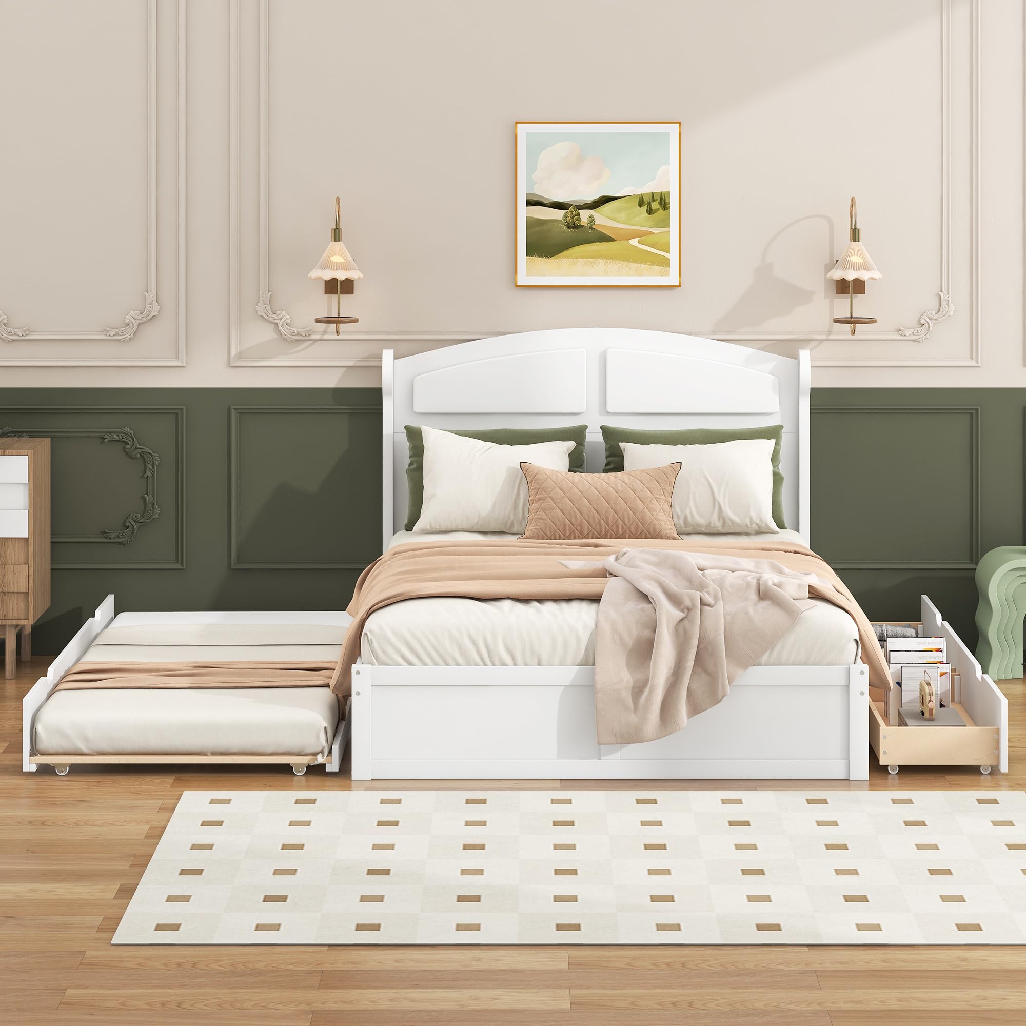 FANYHOME Queen Bed with Twin Size Trundle and 2 Drawers, Wood Queen Size Platform Bed Frame with Headboard, Trundle Bed with Storage for Girls Boys Teens Adults, White