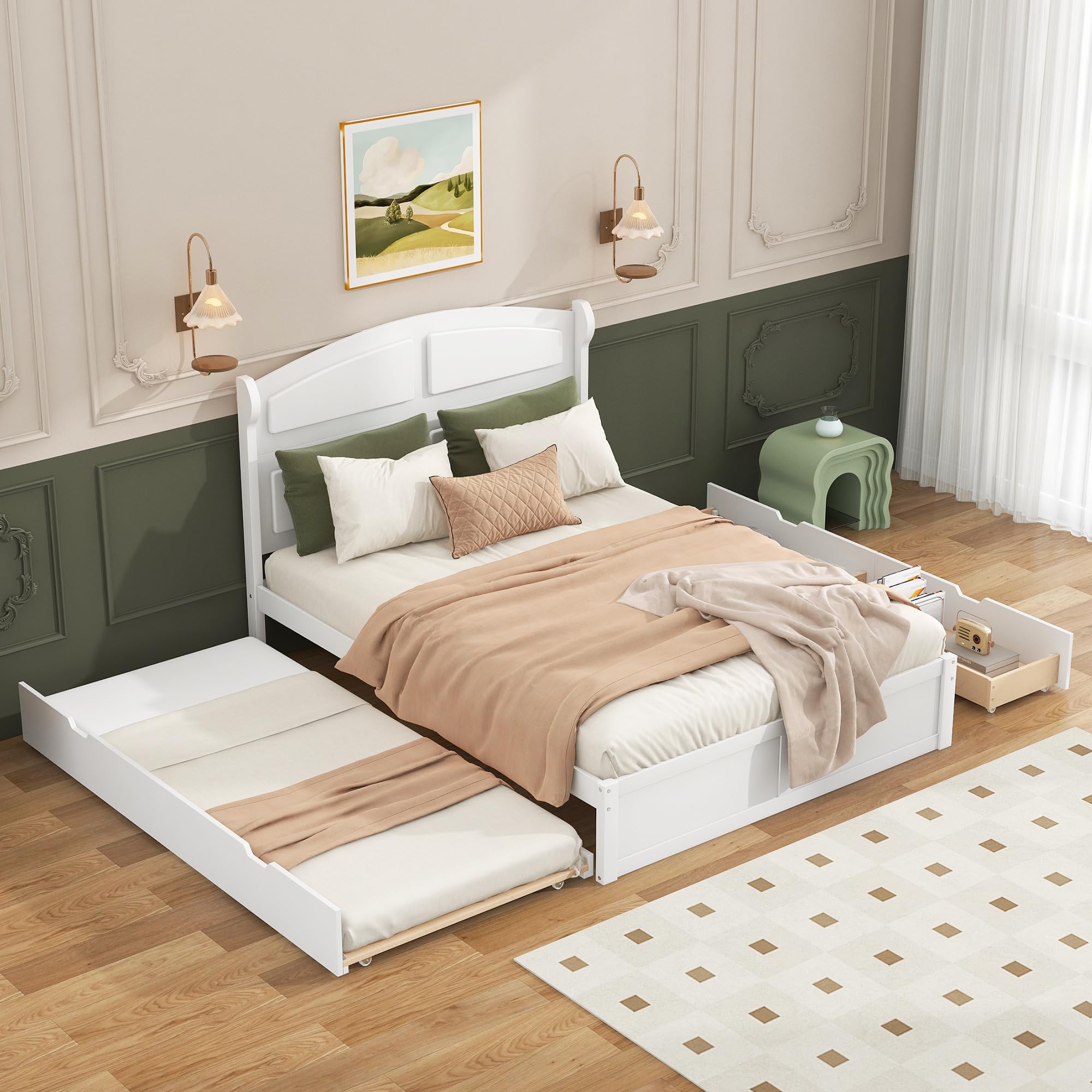 FANYHOME Queen Bed with Twin Size Trundle and 2 Drawers, Wood Queen Size Platform Bed Frame with Headboard, Trundle Bed with Storage for Girls Boys Teens Adults, White