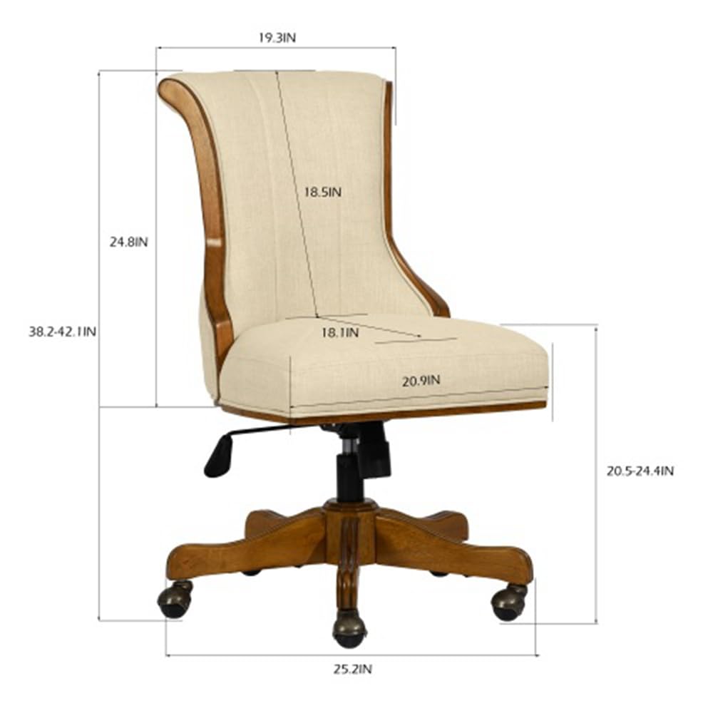 Home Office Chair Adjustable Height Swivel Chair with Wheels Linen Fabric Upholstered Computer Desk Chair with Wooden Legs Comfortable Armless Chair for Home Office Study Studio(Beige)
