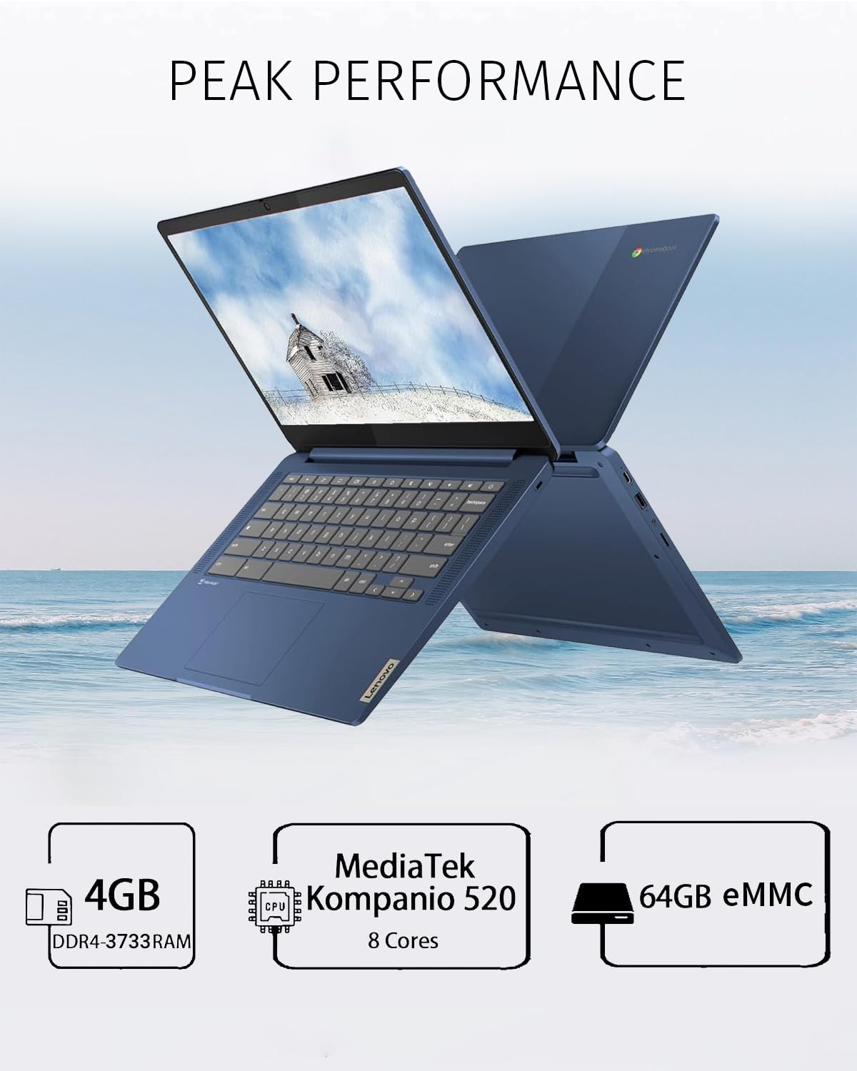 Lenovo Chromebook Laptop Computer, 14 FHD IPS Touchscreen Light PC, 8-Core MediaTek Kompanio 520, 4GB RAM, 64GB eMMC, Chrome OS, Wi-Fi 6, Long Battery Life, USB-C