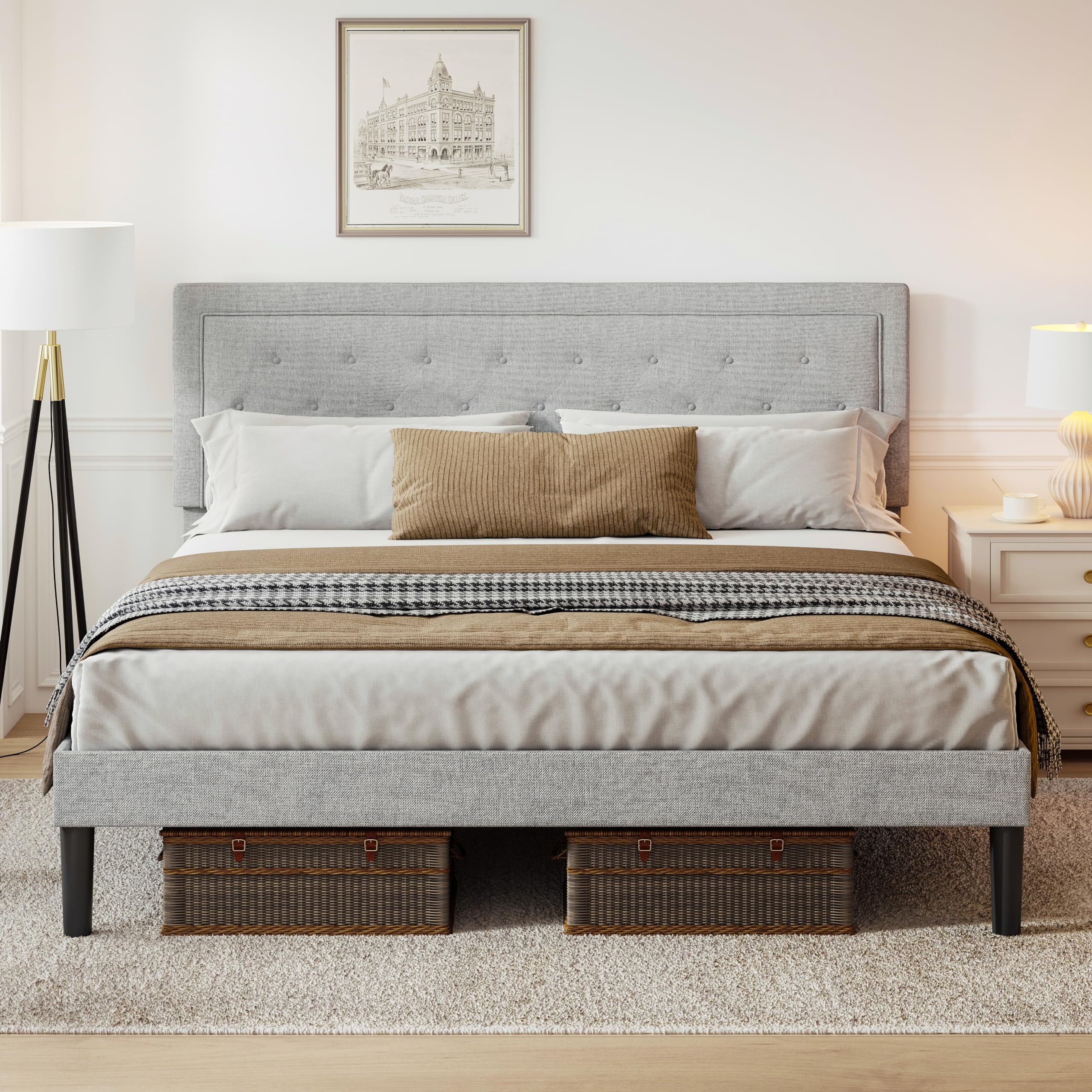 GJHOME Queen Size Bed Frame Upholstered Platform Bed with Adjustable Headboard, Button Tufted, Wood Slat Support, Easy Assembly, Light Gray