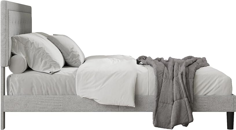GJHOME Queen Size Bed Frame Upholstered Platform Bed with Adjustable Headboard, Button Tufted, Wood Slat Support, Easy Assembly, Light Gray