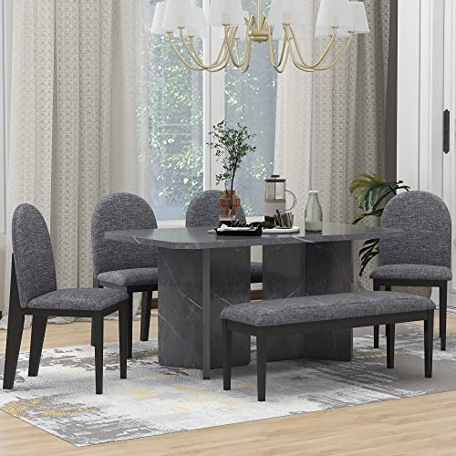 Lifeand 6-Piece Modern Style Set with Faux Marble Table and 4 Upholstered Dining Chairs & 1 Bench,Gray, Grey