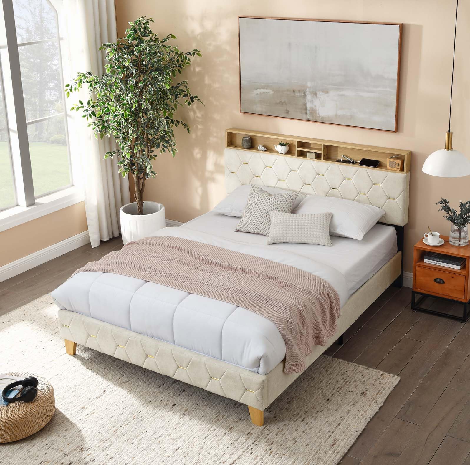 Queen Size Bed Frame with Shelf Storage & Upholstered Headboard, Upholstered Platform Bed Frame with USB Port, No Box Spring Needed, Sturdy Wood Slats for Family Bedroom Apartment (Beige, Queen)
