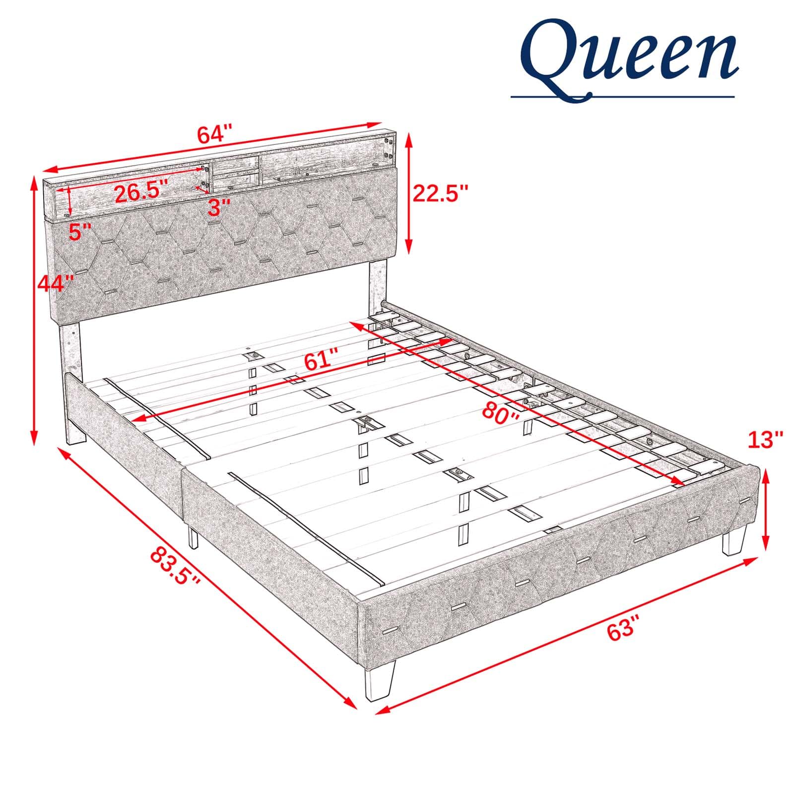 Queen Size Bed Frame with Shelf Storage & Upholstered Headboard, Upholstered Platform Bed Frame with USB Port, No Box Spring Needed, Sturdy Wood Slats for Family Bedroom Apartment (Beige, Queen)