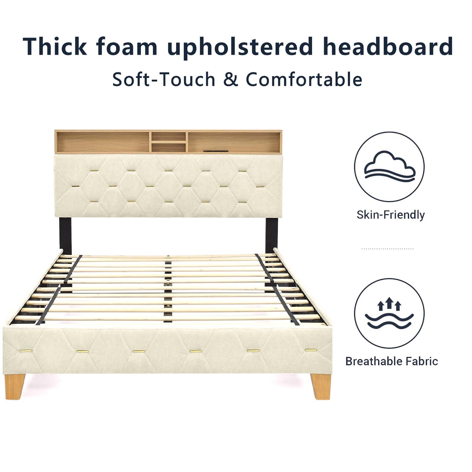 Queen Size Bed Frame with Shelf Storage & Upholstered Headboard, Upholstered Platform Bed Frame with USB Port, No Box Spring Needed, Sturdy Wood Slats for Family Bedroom Apartment (Beige, Queen)