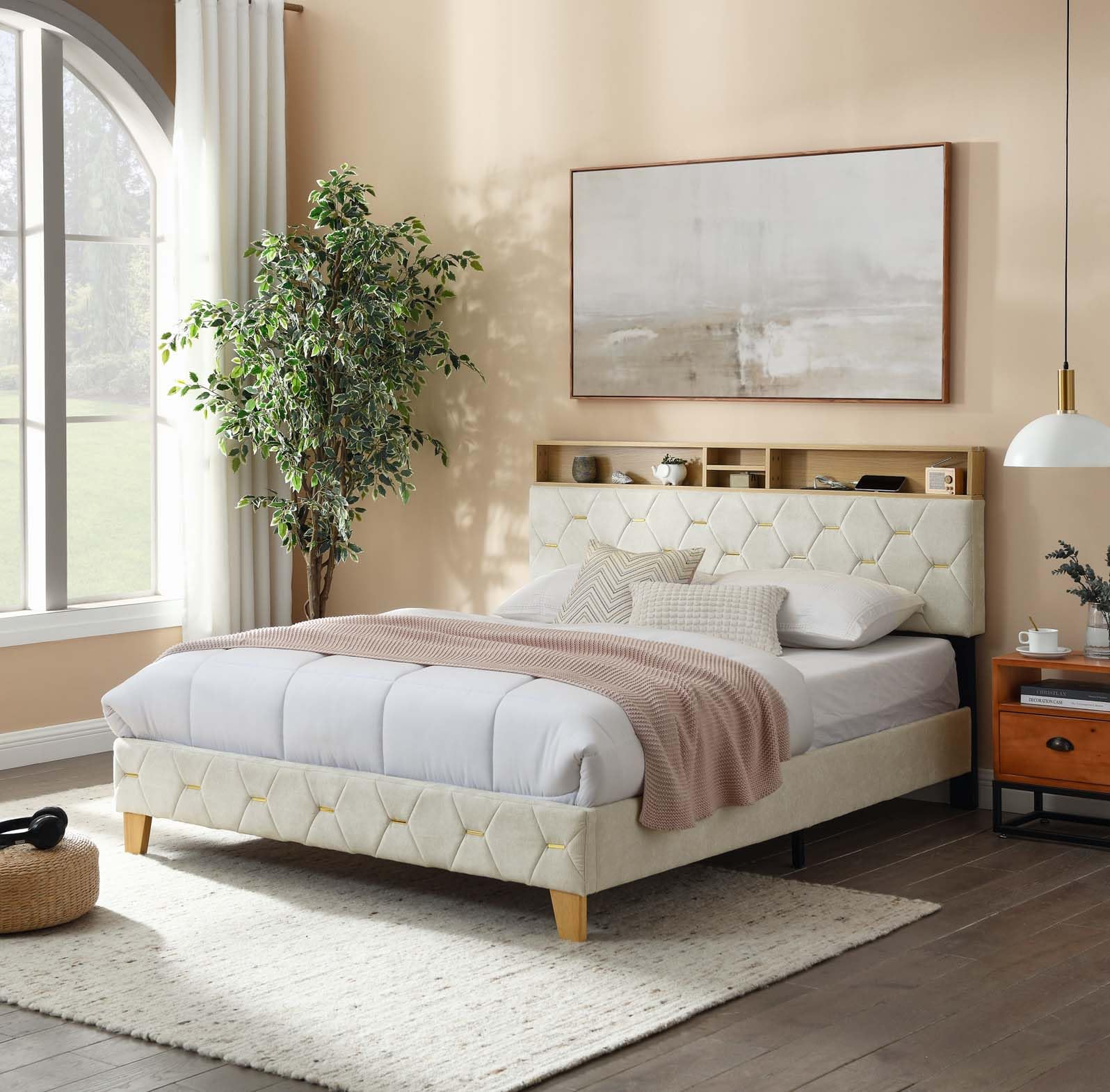 Queen Size Bed Frame with Shelf Storage & Upholstered Headboard, Upholstered Platform Bed Frame with USB Port, No Box Spring Needed, Sturdy Wood Slats for Family Bedroom Apartment (Beige, Queen)