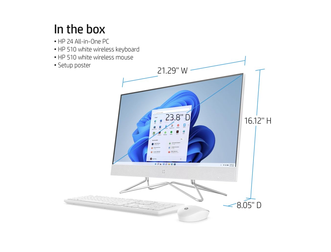 HP 24 All-in-One PC, Intel Core i3-1115G4, 4GB RAM, 256GB SSD, Full HD Micro-Edge Display, 720p Privacy Webcam, Wi-Fi and Bluetooth Combo, Snow White, Windows 11 Home (Renewed)