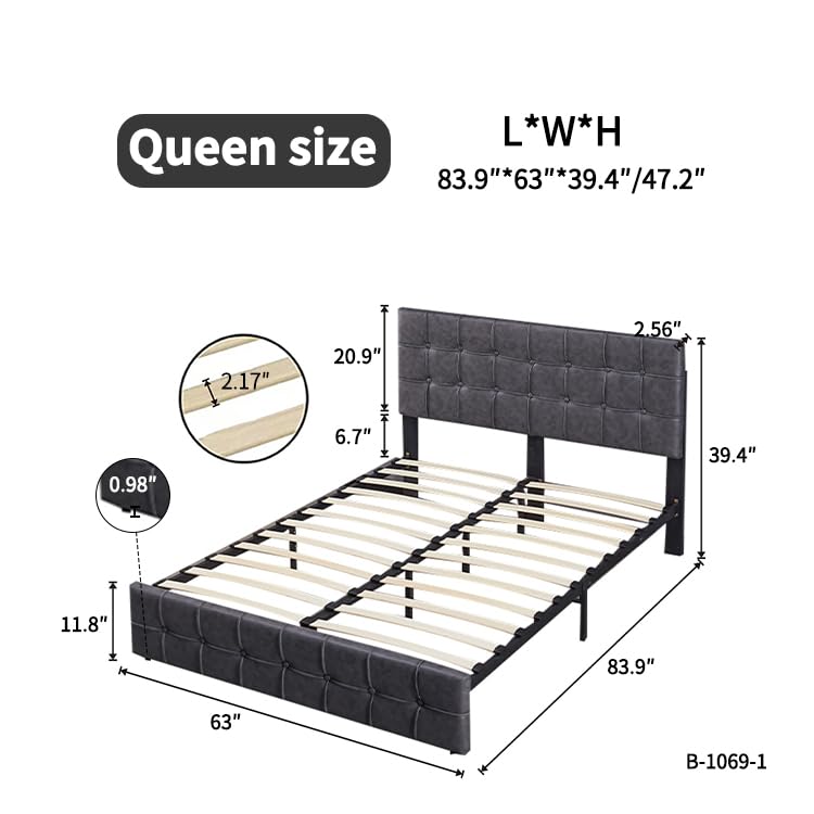 LAVHOME Size, Modern Upholstered Platform Adjustable Headboard, Heavy Duty Button Tech Cloth Bed Frame with Wood Slat Support, Easy Assembly, No Box Spring Needed (Grey, Queen (U.S. Standard)