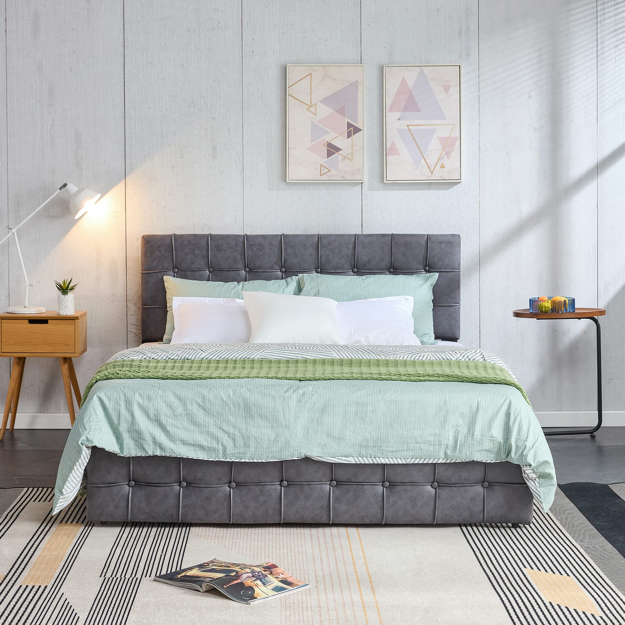 LAVHOME Size, Modern Upholstered Platform Adjustable Headboard, Heavy Duty Button Tech Cloth Bed Frame with Wood Slat Support, Easy Assembly, No Box Spring Needed (Grey, Queen (U.S. Standard)