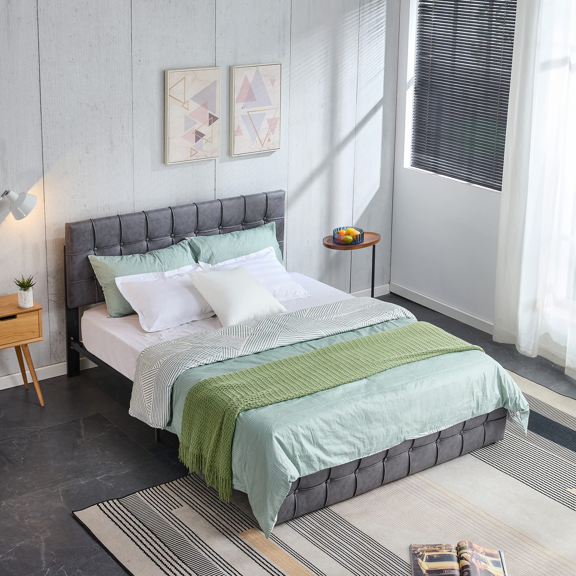 LAVHOME Size, Modern Upholstered Platform Adjustable Headboard, Heavy Duty Button Tech Cloth Bed Frame with Wood Slat Support, Easy Assembly, No Box Spring Needed (Grey, Queen (U.S. Standard)