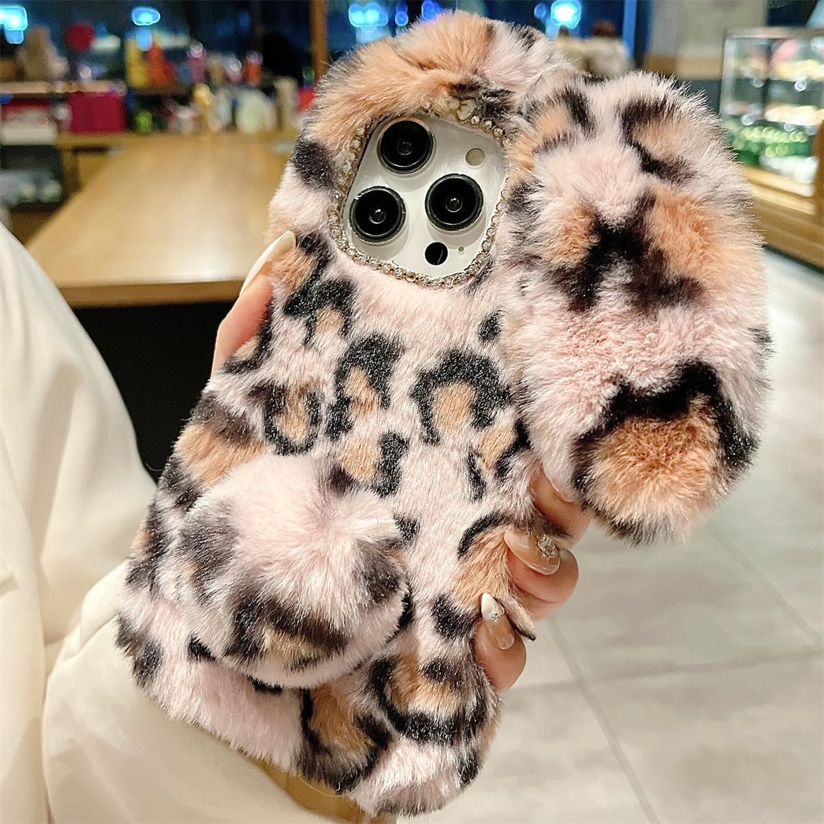 for Samsung A04/A04s Furry Case, Lucky Leopard Pattern Cute Rabbit Bunny with Soft Fluffy Ears Tail Doll Fuzzy Hair Fur Plush Phone Case Cover Women Girl