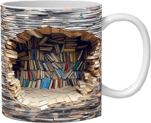 3D Effect Books Mugs, 3D Bookshelf Mug, Creative Space Design Multi-Purpose Mugs, Book Lovers Coffee Mug, Library Bookshelf Mug, Cute Mug Ceramic Coffee Mugs for Women and Men (A)