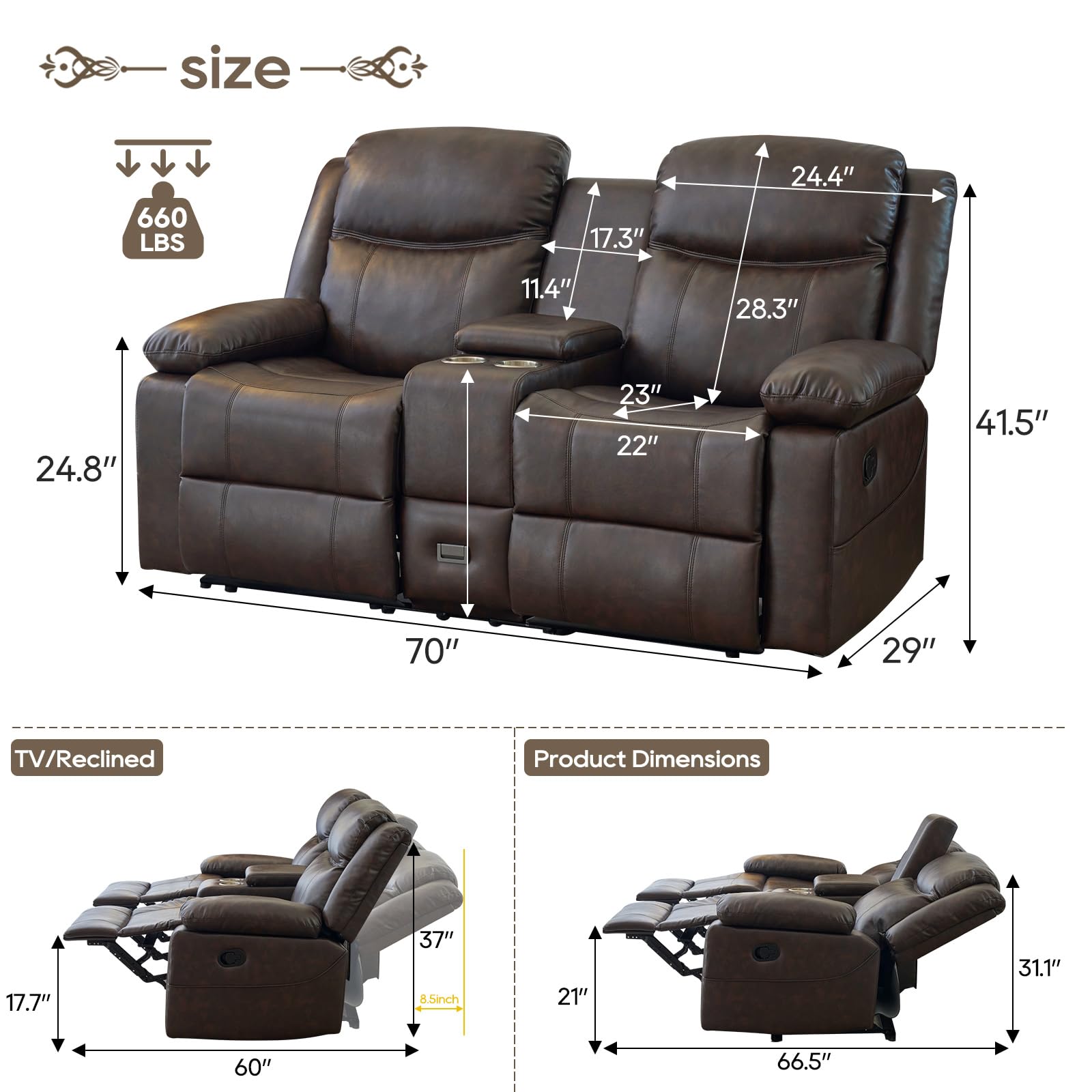 PALLOME Loveseat Recliner Sofa, PU Leather Sofa Couch, Manual Recliner Loveseat with Console, Double Reclining RV Sofa with Cup Holders and Side Pocket for Living Room/Office/Apartment (Brown)