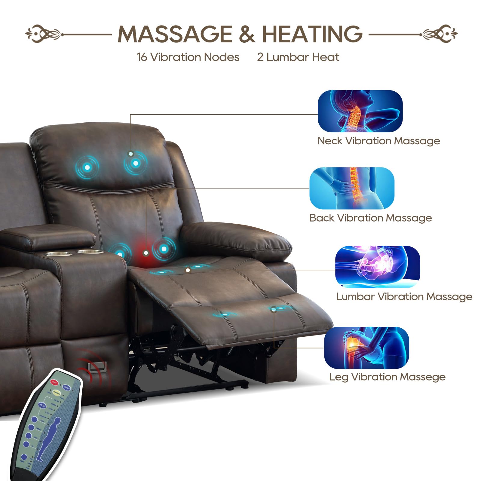 PALLOME Loveseat Recliner Sofa, PU Leather Sofa Couch, Manual Recliner Loveseat with Console, Double Reclining RV Sofa with Cup Holders and Side Pocket for Living Room/Office/Apartment (Brown)