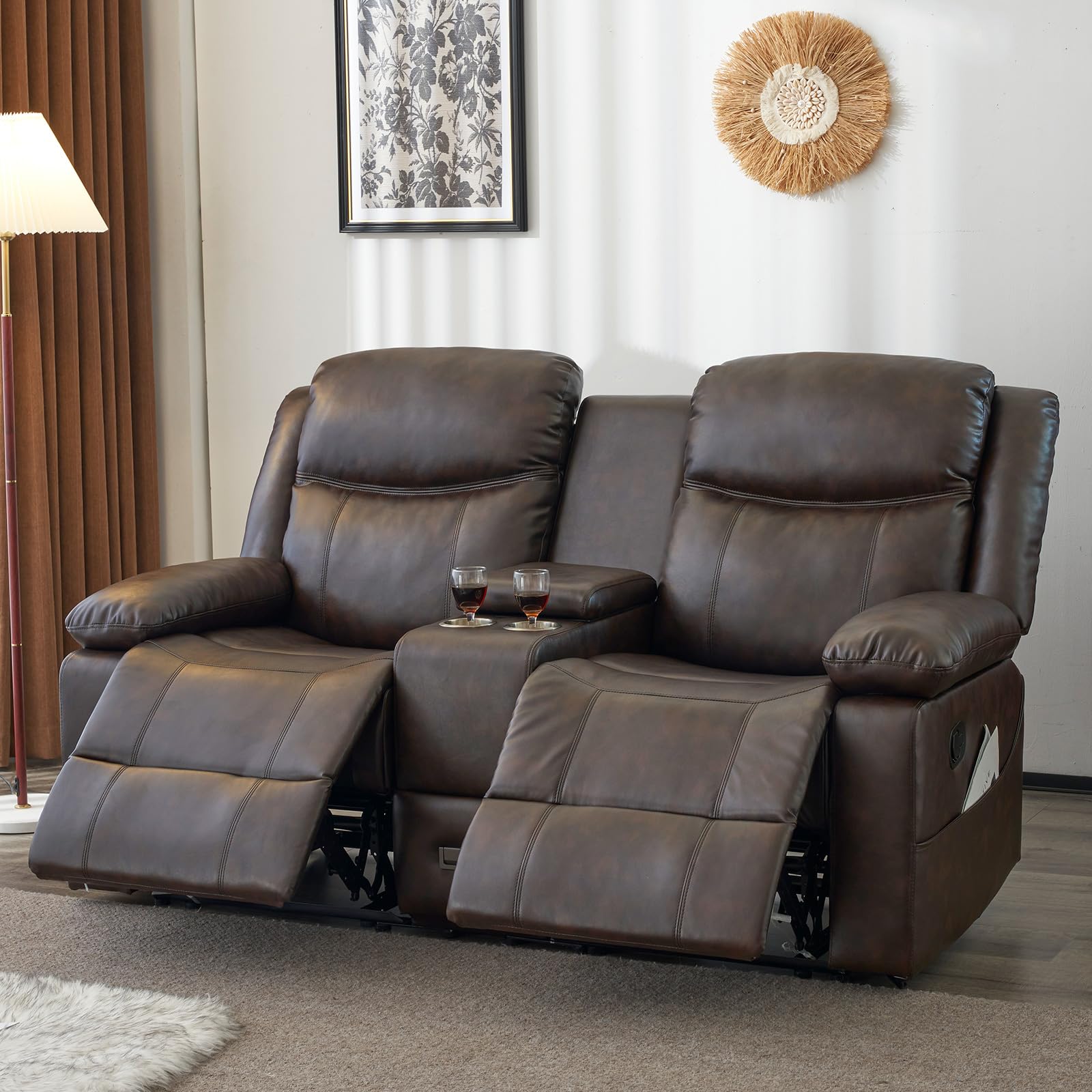 PALLOME Loveseat Recliner Sofa, PU Leather Sofa Couch, Manual Recliner Loveseat with Console, Double Reclining RV Sofa with Cup Holders and Side Pocket for Living Room/Office/Apartment (Brown)