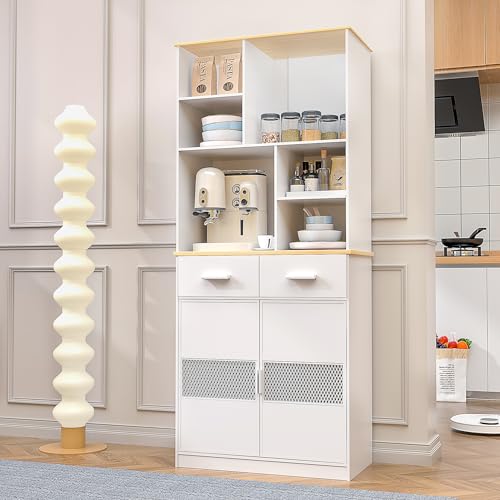 VECELO 72" Tall Kitchen Pantry Storage Cabinet with Doors & Shelves & 2 Drawers Freestanding Buffet Hutch with | Microwave Stand | Cupboard for Dining Room