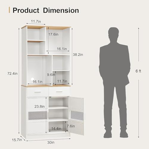VECELO 72" Tall Kitchen Pantry Storage Cabinet with Doors & Shelves & 2 Drawers Freestanding Buffet Hutch with | Microwave Stand | Cupboard for Dining Room