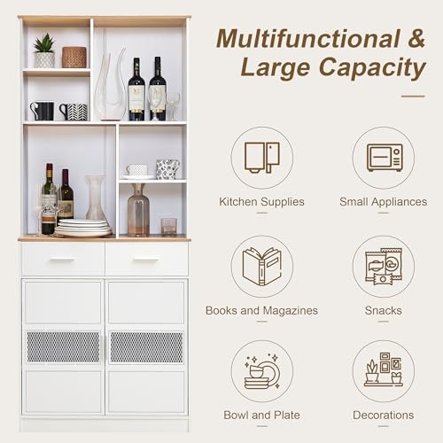 VECELO 72" Tall Kitchen Pantry Storage Cabinet with Doors & Shelves & 2 Drawers Freestanding Buffet Hutch with | Microwave Stand | Cupboard for Dining Room