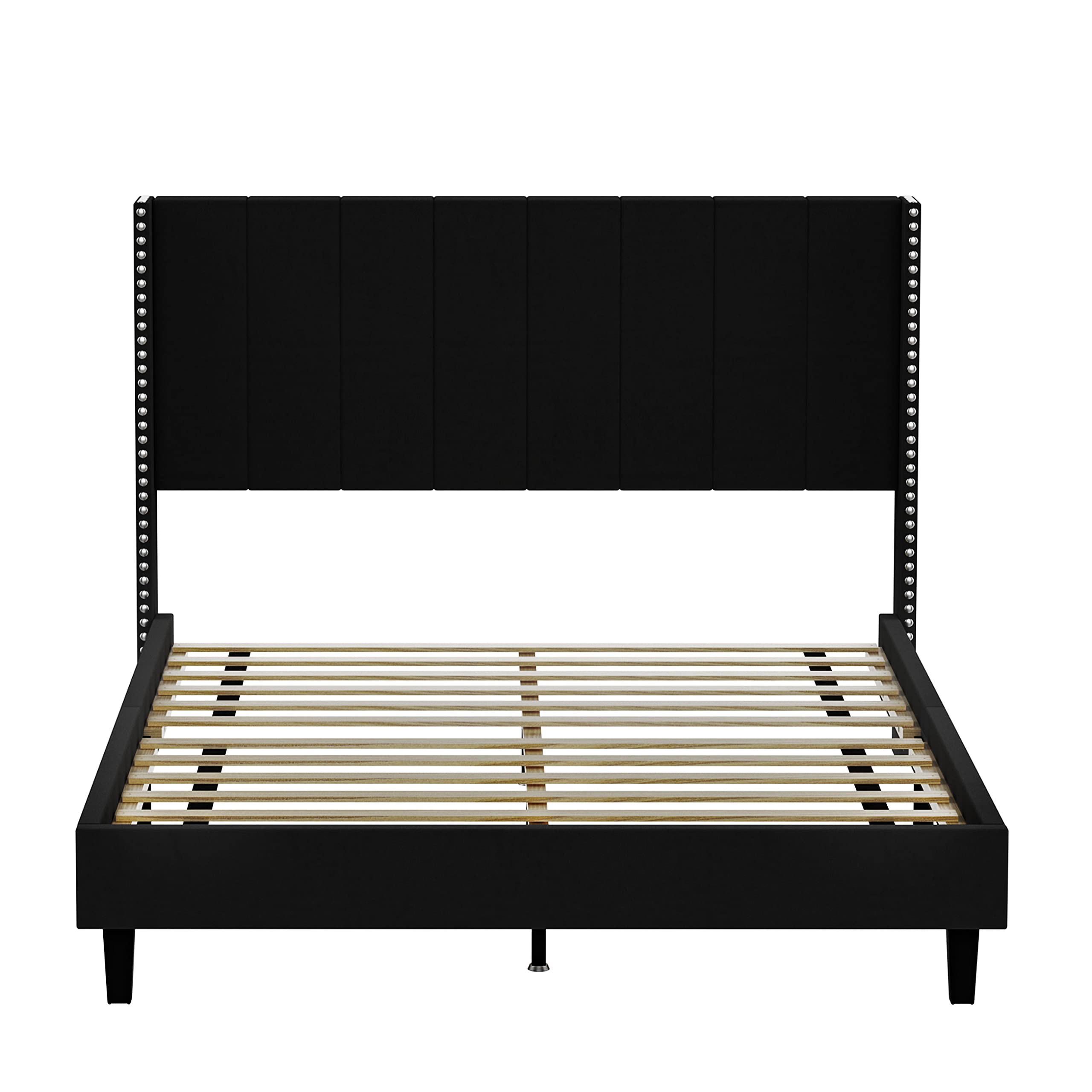 FANYHOM Queen Size Tufted Upholstered Bed Frame Low Profile Velvet Bed Frame Platform with Raised Wingback Headboard/No Box Spring Required/Wood Slat Support/Black