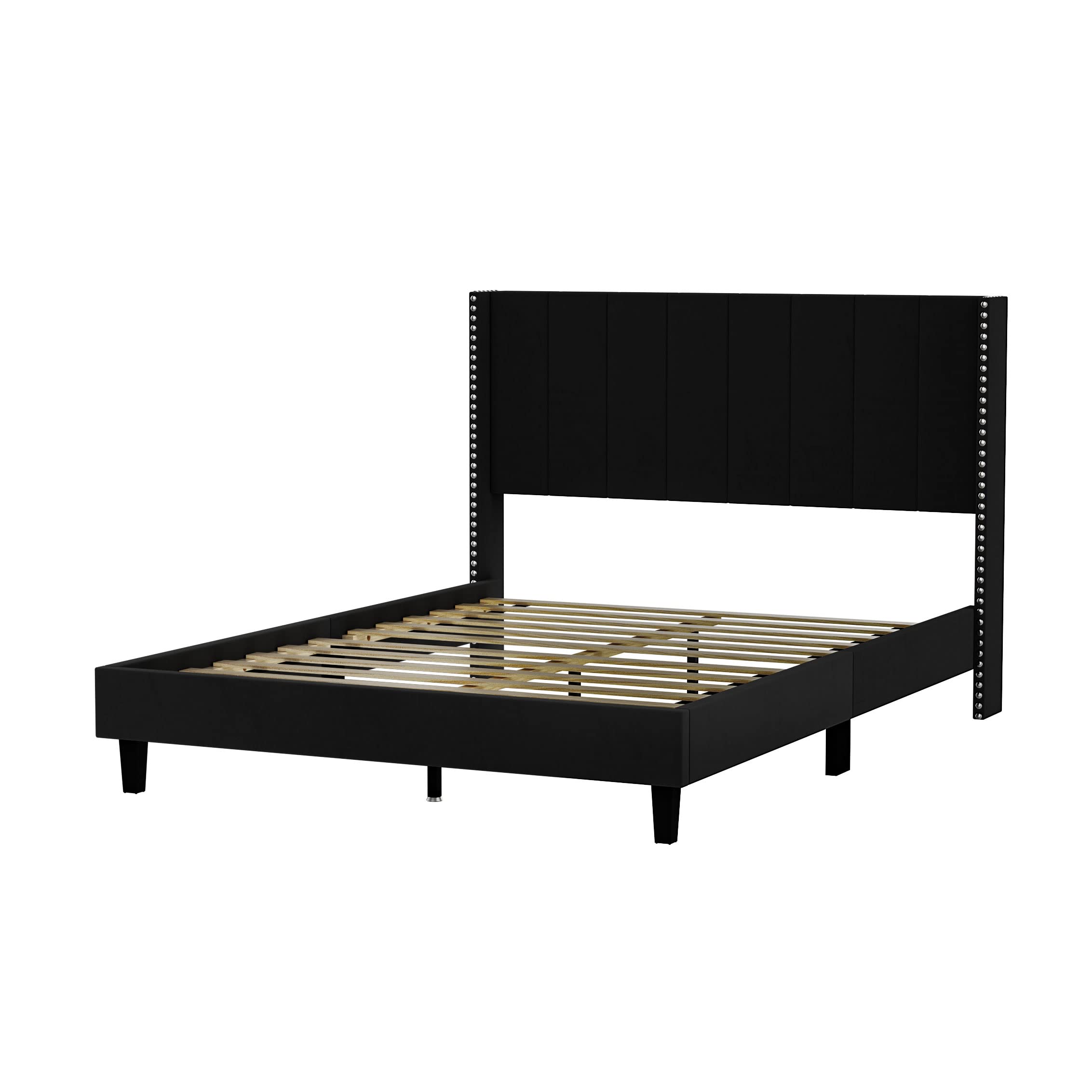 FANYHOM Queen Size Tufted Upholstered Bed Frame Low Profile Velvet Bed Frame Platform with Raised Wingback Headboard/No Box Spring Required/Wood Slat Support/Black