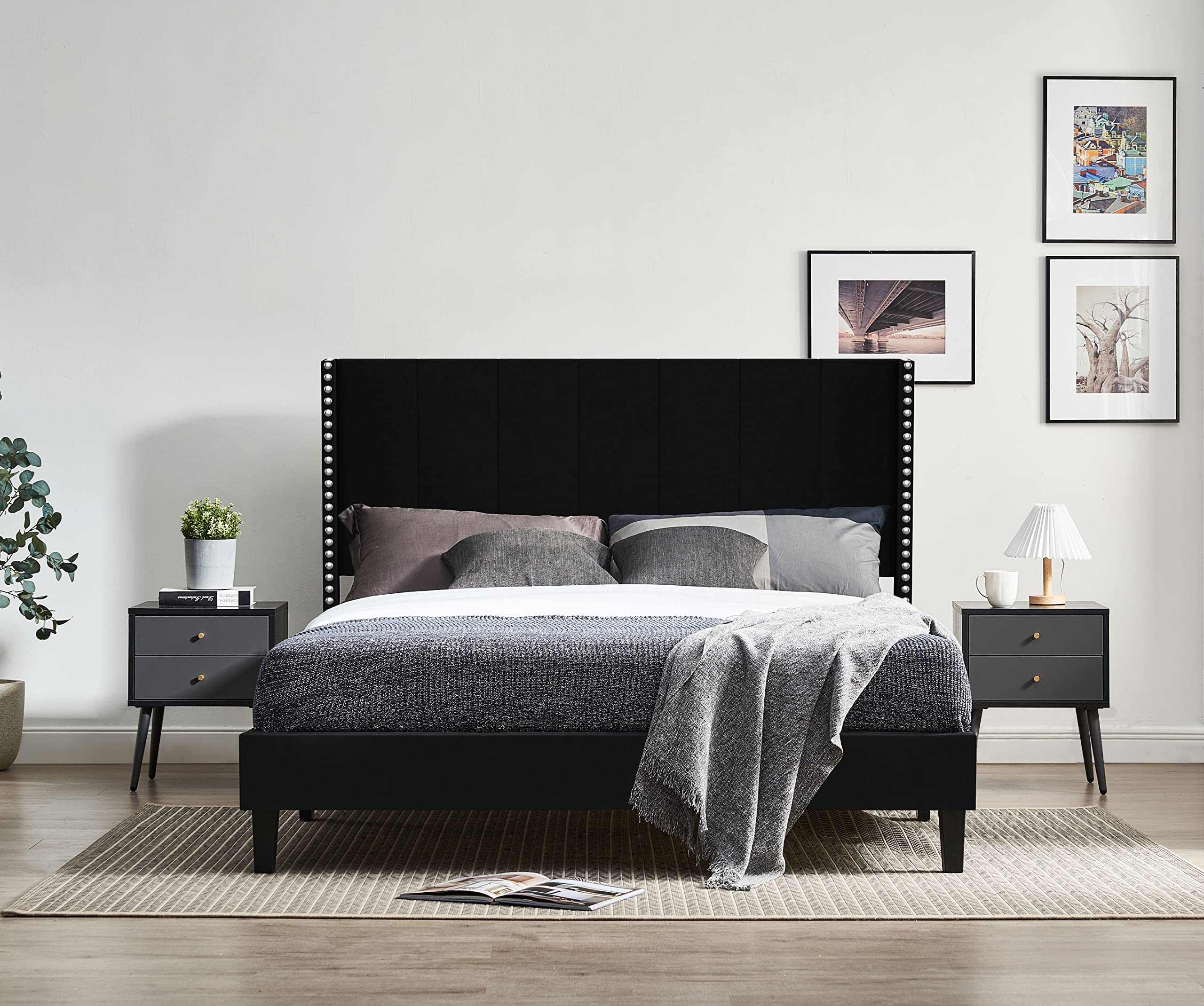 FANYHOM Queen Size Tufted Upholstered Bed Frame Low Profile Velvet Bed Frame Platform with Raised Wingback Headboard/No Box Spring Required/Wood Slat Support/Black