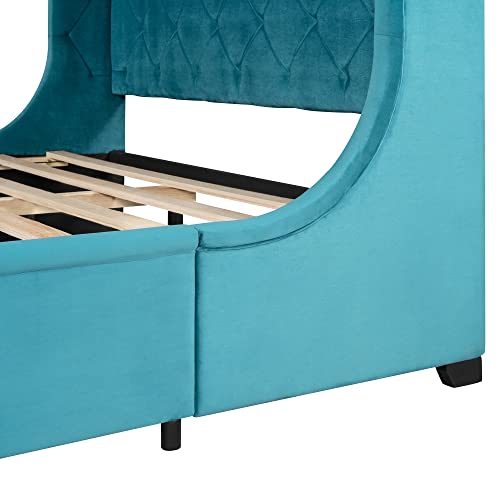 Livavege Queen Bed Frame with Wingback Headboard and Storage Drawers, Velvet Button Tufted Upholstered Platform w/Wooden Slats Support, Queen Size Bedframe No Box Spring Needed, Easy Assembly