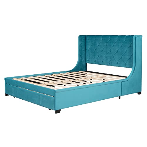 Livavege Queen Bed Frame with Wingback Headboard and Storage Drawers, Velvet Button Tufted Upholstered Platform w/Wooden Slats Support, Queen Size Bedframe No Box Spring Needed, Easy Assembly