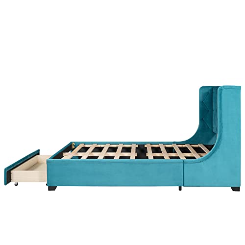 Livavege Queen Bed Frame with Wingback Headboard and Storage Drawers, Velvet Button Tufted Upholstered Platform w/Wooden Slats Support, Queen Size Bedframe No Box Spring Needed, Easy Assembly