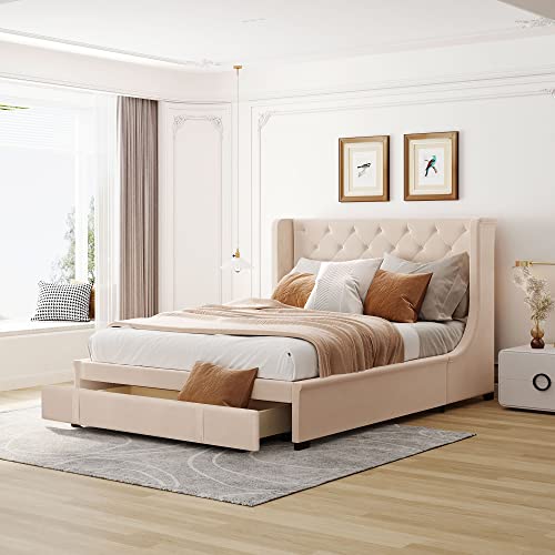 Livavege Queen Bed Frame with Wingback Headboard and Storage Drawers, Velvet Button Tufted Upholstered Platform w/Wooden Slats Support, Queen Size Bedframe No Box Spring Needed, Easy Assembly