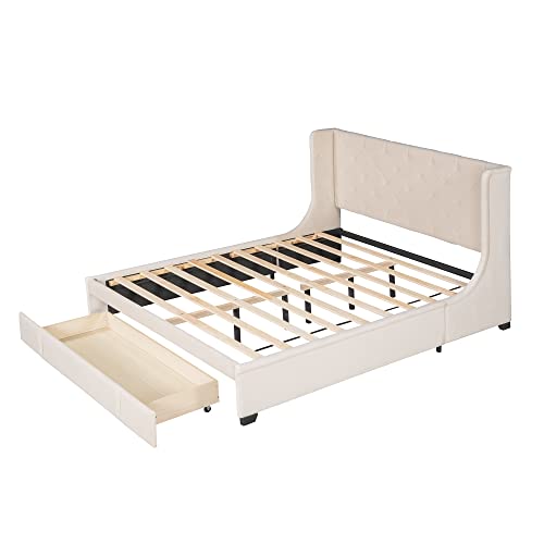 Livavege Queen Bed Frame with Wingback Headboard and Storage Drawers, Velvet Button Tufted Upholstered Platform w/Wooden Slats Support, Queen Size Bedframe No Box Spring Needed, Easy Assembly