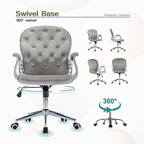 Haplized Velvet Home Office Chair with Wheels, Cute Desk Chair with Side Arms and Wheels 360°, Height Adjustable Armchair for Living Room, Bedroom, Vanity Room, Bling Desk Nail Desk for Women (Grey)
