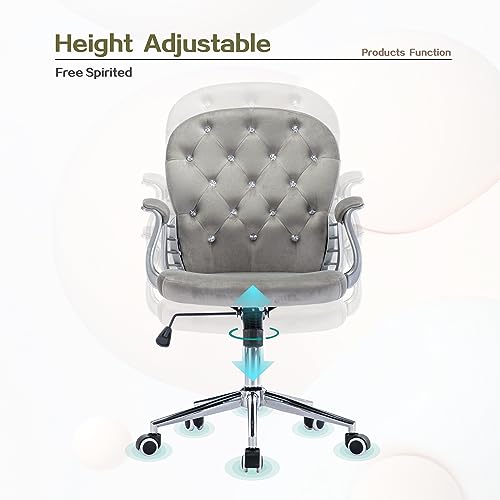 Haplized Velvet Home Office Chair with Wheels, Cute Desk Chair with Side Arms and Wheels 360°, Height Adjustable Armchair for Living Room, Bedroom, Vanity Room, Bling Desk Nail Desk for Women (Grey)