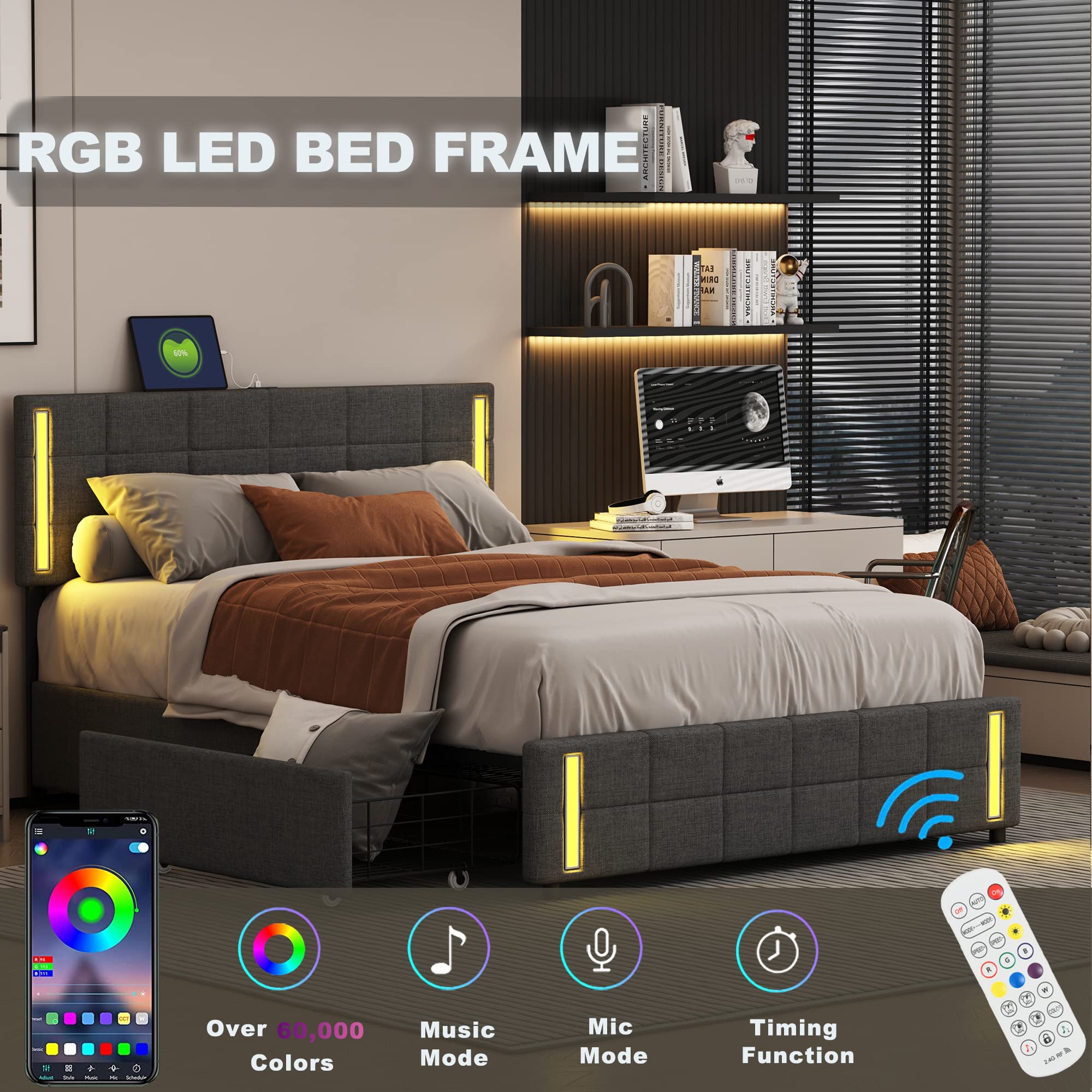 Upholstered Bed with LED Lights and USB Charging, Queen Size Storage Bed Platform Frame with Headboard and 4 Drawers for Bedroom, No Spring Box Required (Dark Gray)