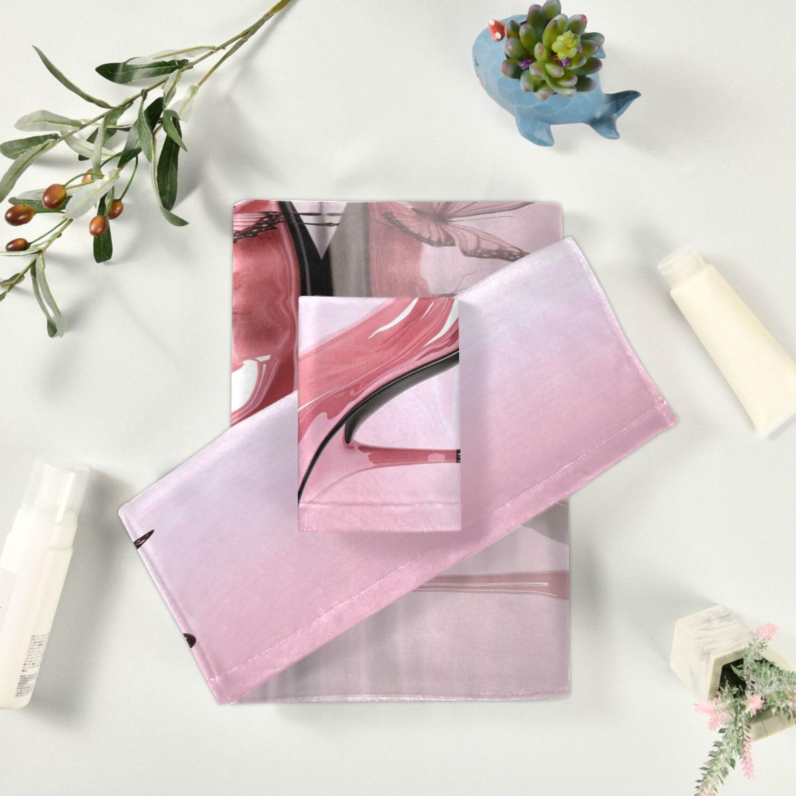 Flradish Pink High Heels Towels 3 Pack Bath Towels for Bathroom Set Soft Cotton Highly Absorbent Lightweight & Quickdry Towel Set 1 Bath Towel,1 Hand Towel,1 Washclothe