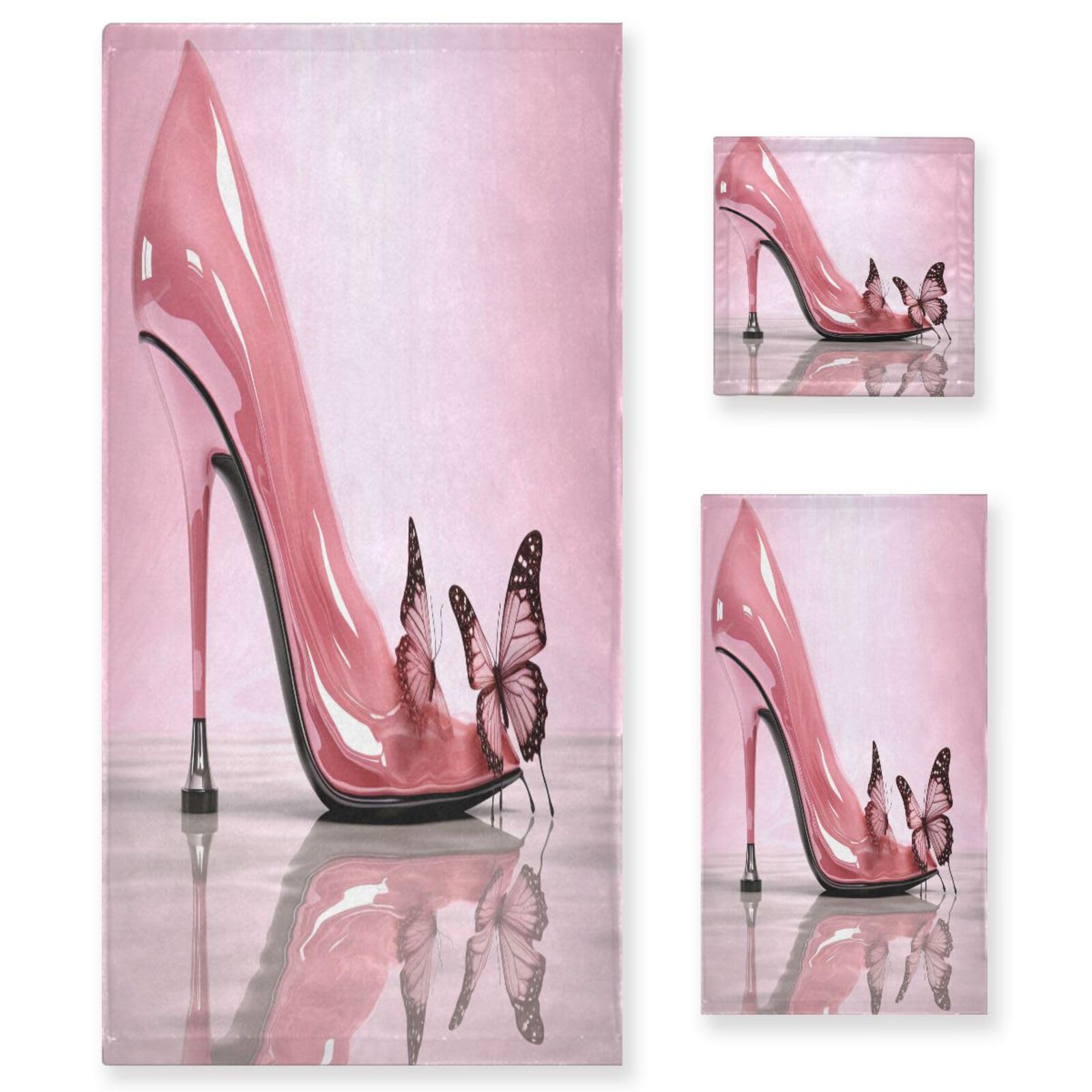 Flradish Pink High Heels Towels 3 Pack Bath Towels for Bathroom Set Soft Cotton Highly Absorbent Lightweight & Quickdry Towel Set 1 Bath Towel,1 Hand Towel,1 Washclothe