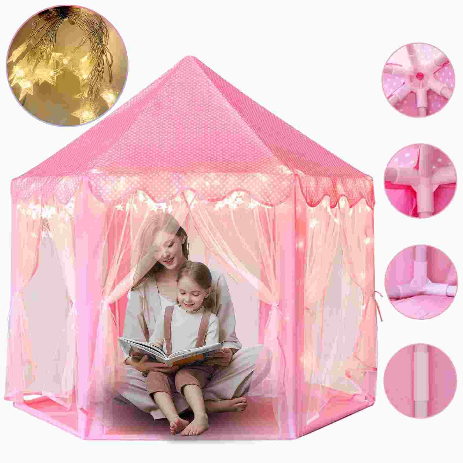 Princess Tent, Play Tent with LED Star Lights, Girls Castle Play Tent, Hexagon Playhouse with Star Lights, Portable Pink Castle for Home, Backyard, Park, Party, Indoor or Outdoor Games (Pink)