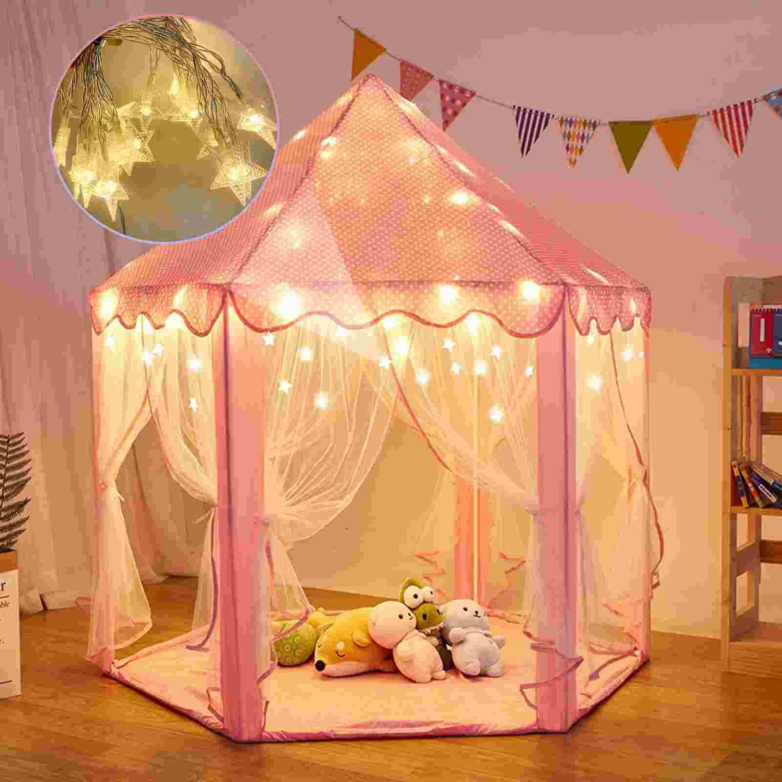 Princess Tent, Play Tent with LED Star Lights, Girls Castle Play Tent, Hexagon Playhouse with Star Lights, Portable Pink Castle for Home, Backyard, Park, Party, Indoor or Outdoor Games (Pink)