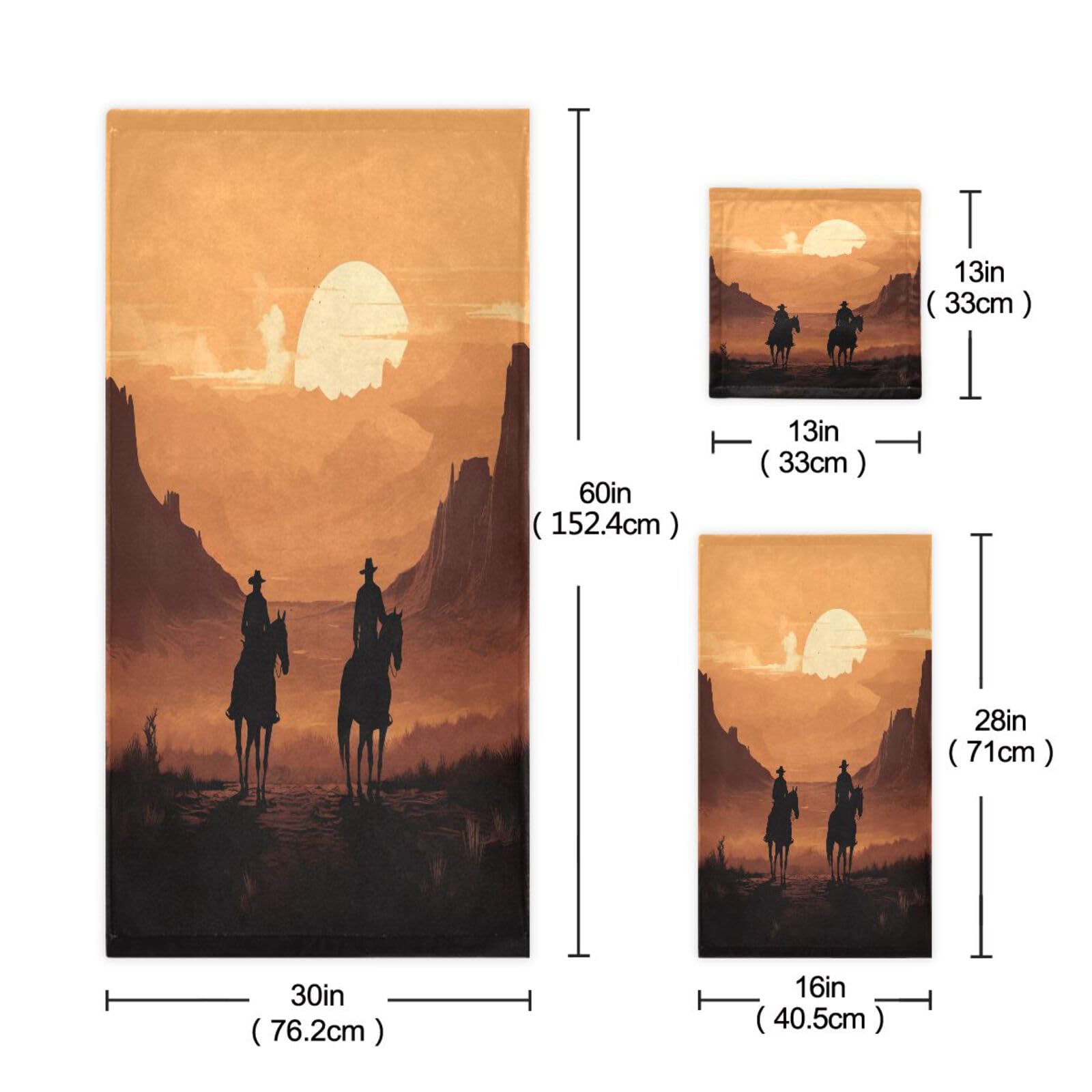 Flradish Western Desert Cowboy Towels 3 Pack Bath Towels for Bathroom Set Soft Cotton Highly Absorbent Lightweight & Quickdry Towel Set 1 Bath Towel,1 Hand Towel,1 Washclothe