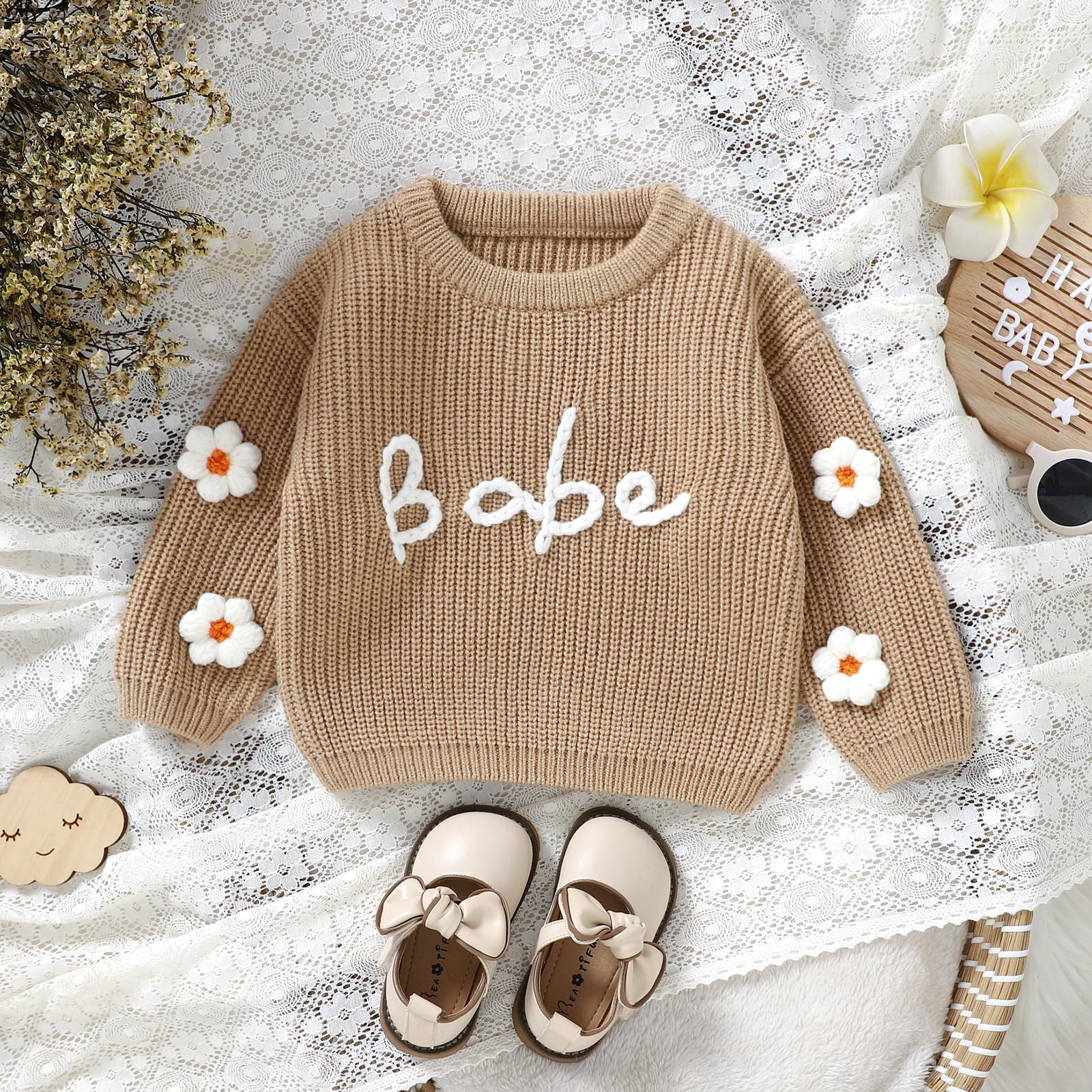Baby Girl Cable Knit Sweater Long Sleeve Boho Floral Embroidery Oversized Sweatshirt Warm Fall Winter Clothes (Khaki-Babe, 6-9 Months)