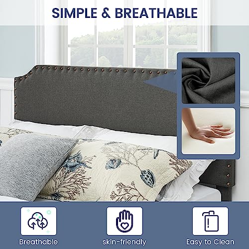 GAOMON Queen Bed Frame with Headboard Adjustable Upholstered Bed Frame Queen Size with Nailhead Trim Headboard, Mattress Foundation, Strong Wood Slat Support, No Box Spring Needed, Dark Grey